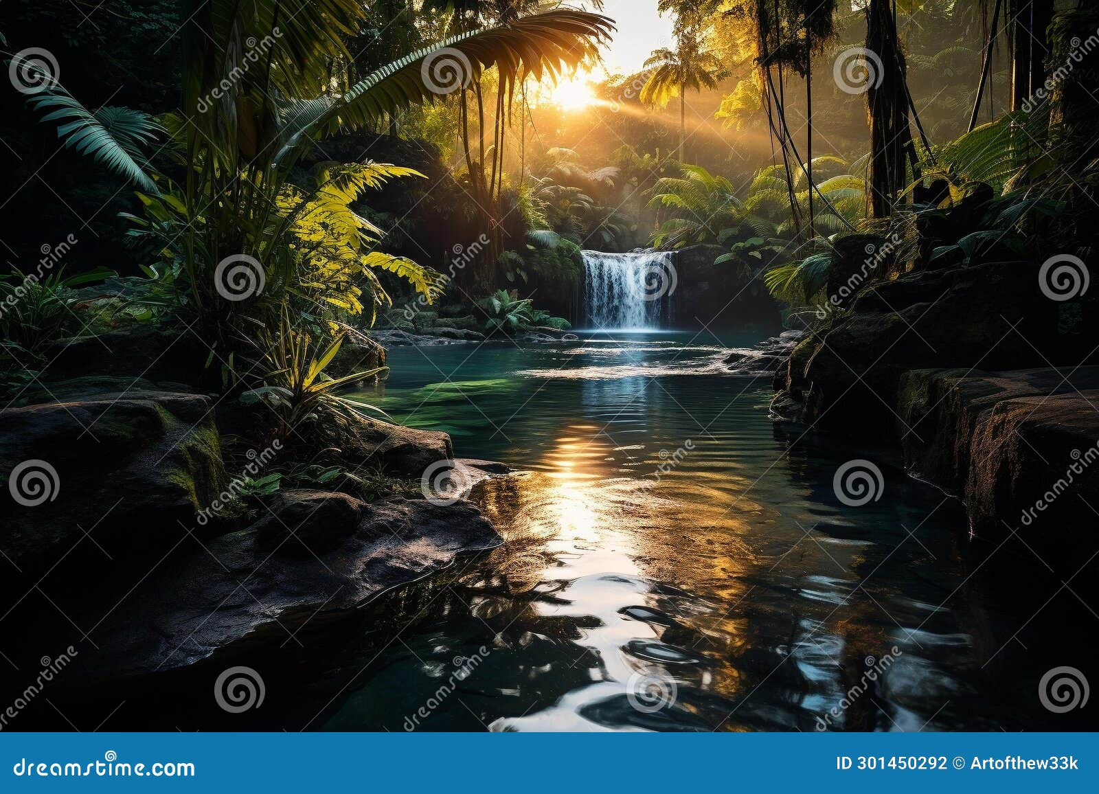 A Rainforest With Lush Greenery And A Waterfall Cascading Into The Pool ...