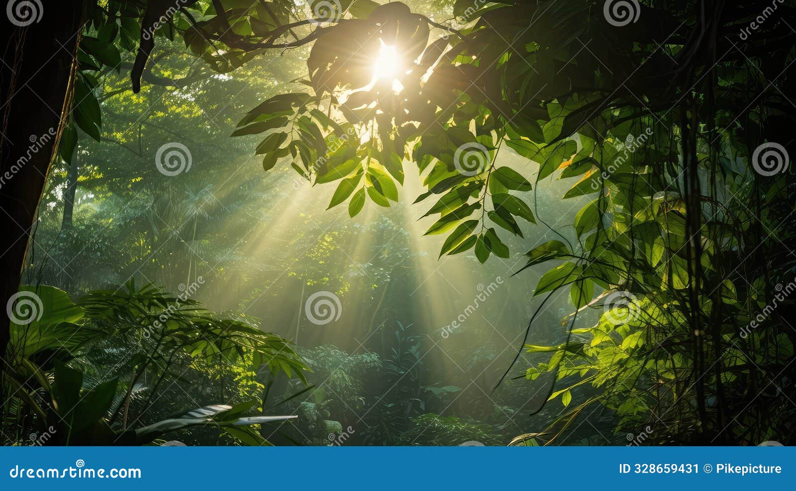 Rainforest Sun Shining through Trees Stock Illustration - Illustration ...