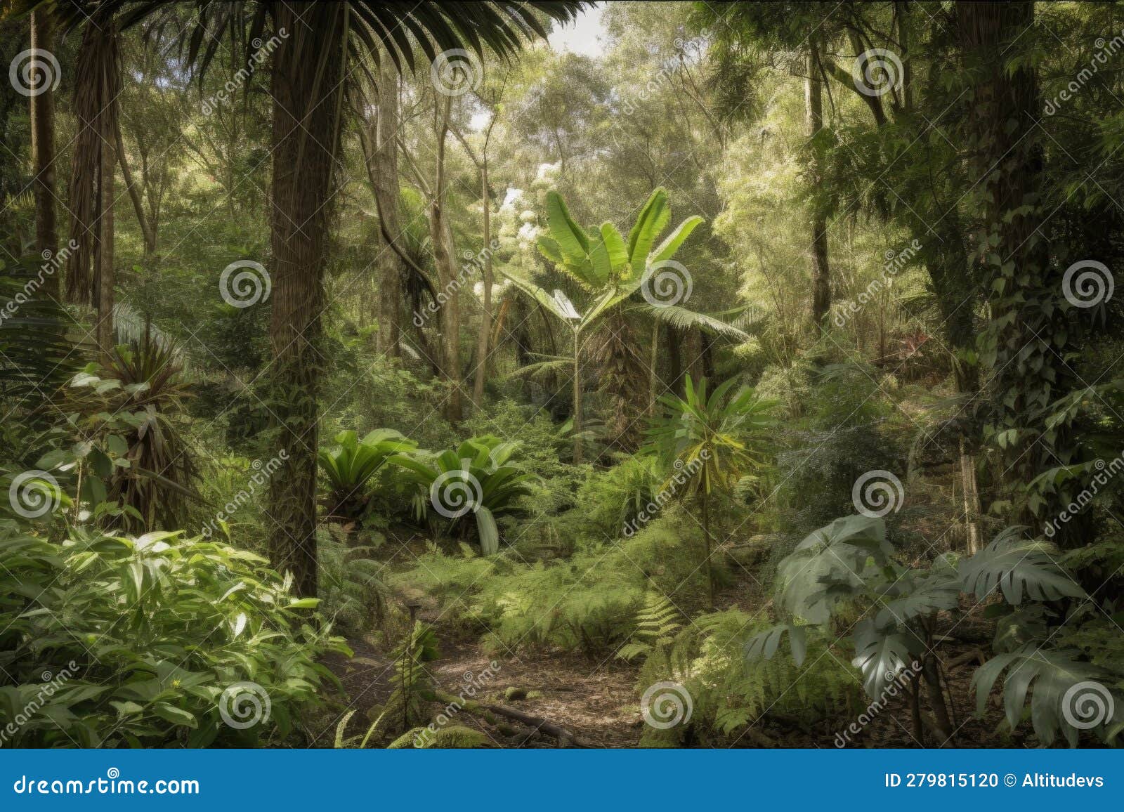 Rainforest with Towering Trees and Lush Greenery, Surrounded by Drought ...
