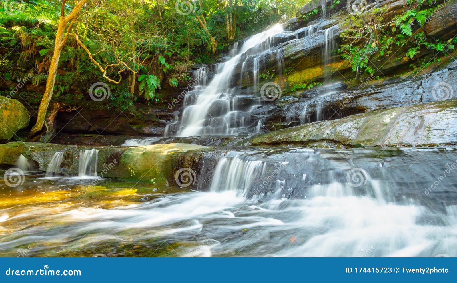 Rainforest Waterfall Cascading Over the Rocks into a Shallow Stream ...