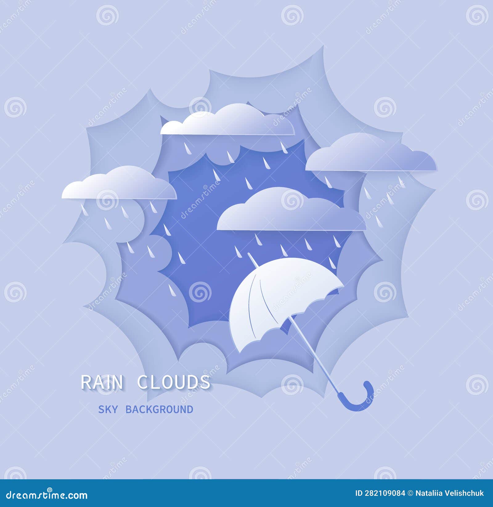 Raining Background. Paper Cut Clouds. Rain Clouds with Umbrella ...