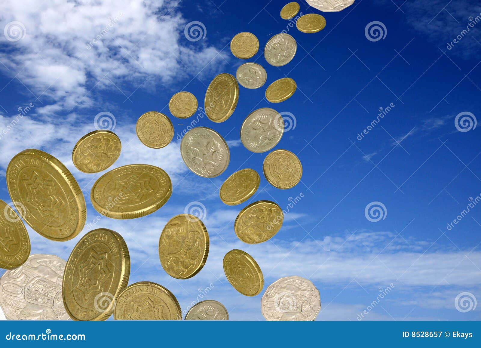 Raining Coins. Gold Australian Coins Dropping from the Sky Stock ...