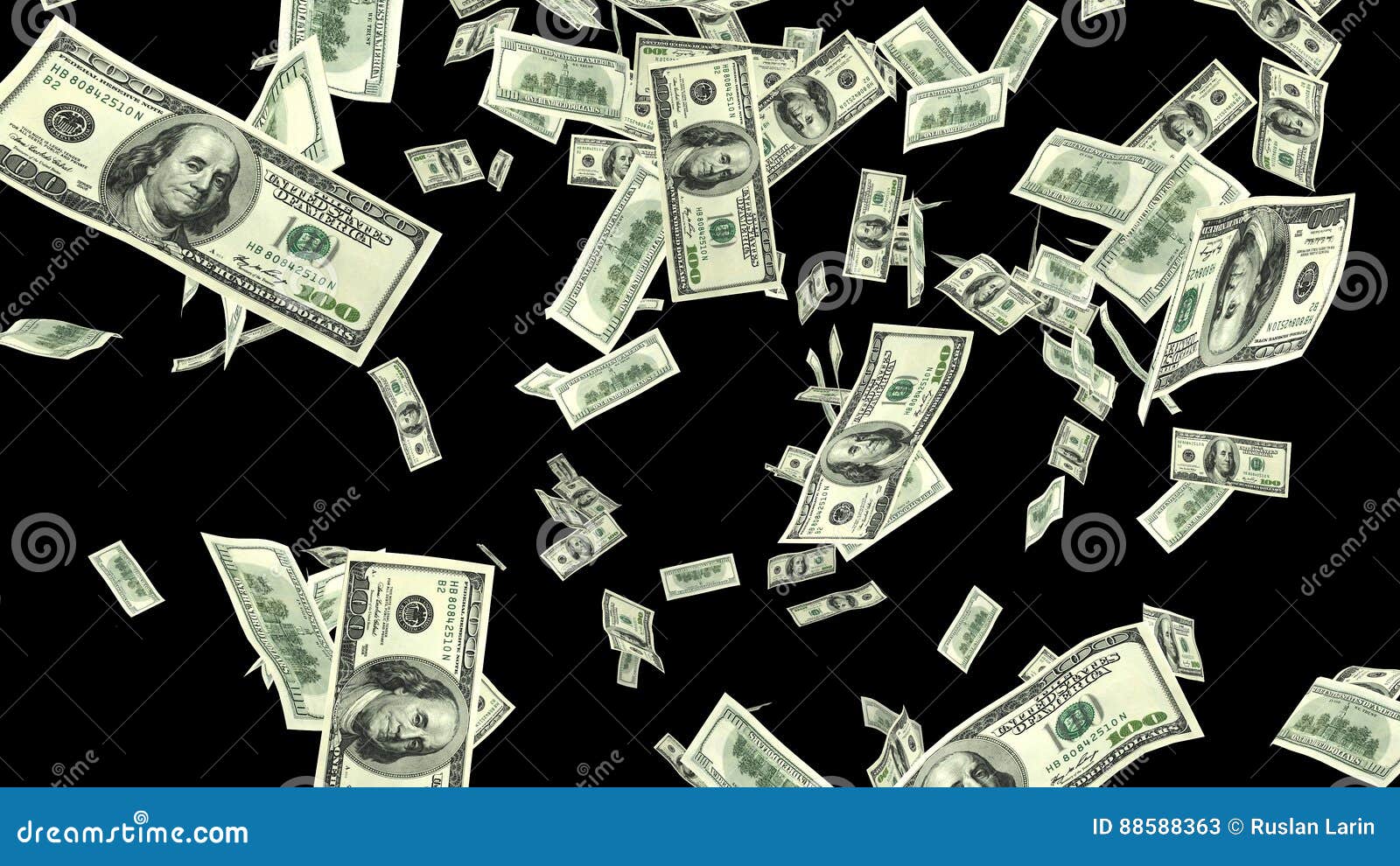 Raining Hundred Dollar Bills in Black Background. Stock Illustration ...