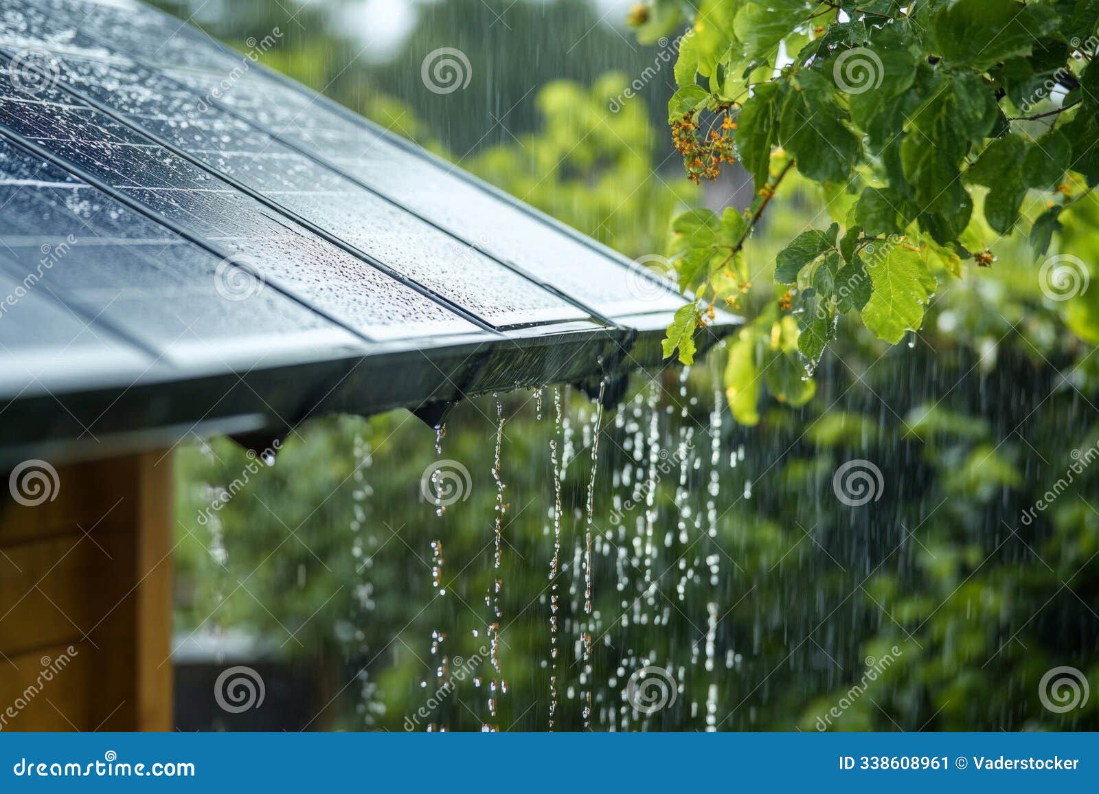 Rainwater Dripping from a Solar Panel Roof in a Garden Stock ...