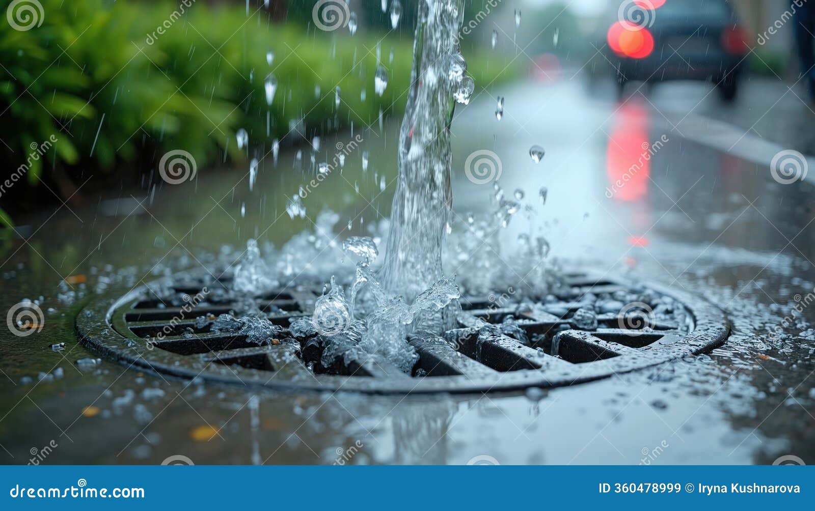 Rainwater Flows into City Storm Drain from Downpipe. Urban Setting ...