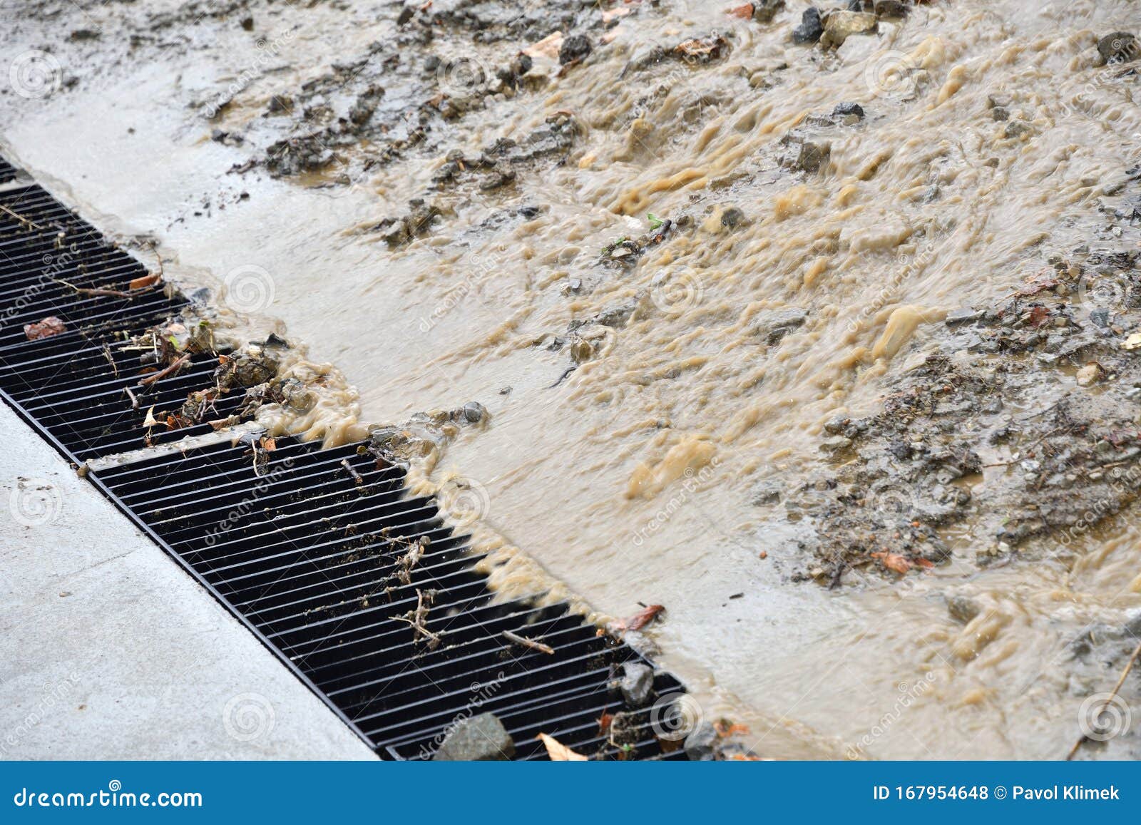 Rainwater Flows Down the Road into a Road Canal after a Heavy Storm ...