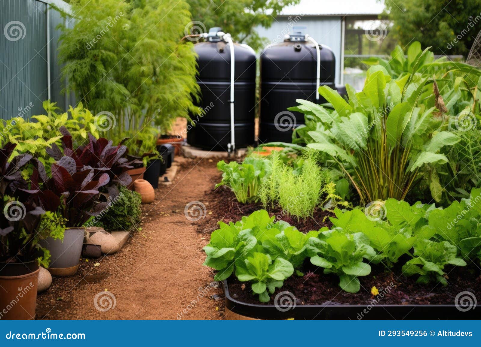 Rainwater Harvesting System with Plants and Soil in Foreground Stock ...