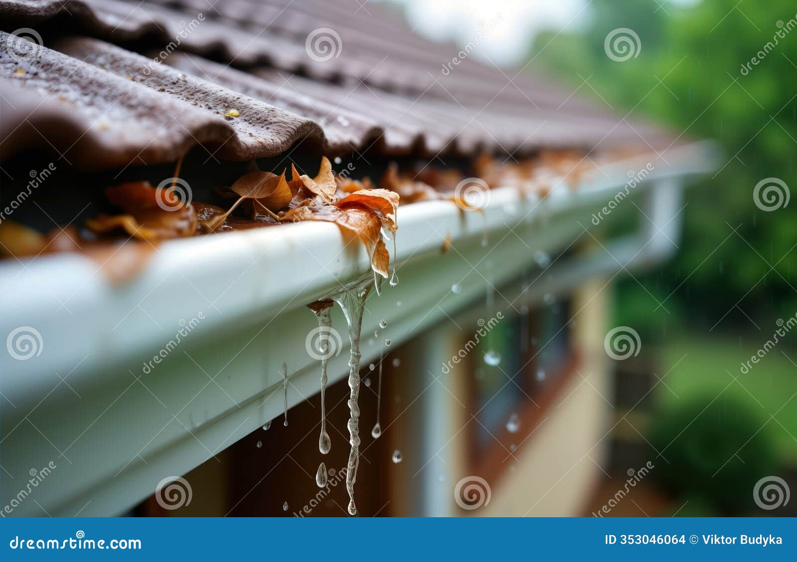 Rainwater Overflows from Clogged White Gutter. Fallen Leaves Obstruct ...