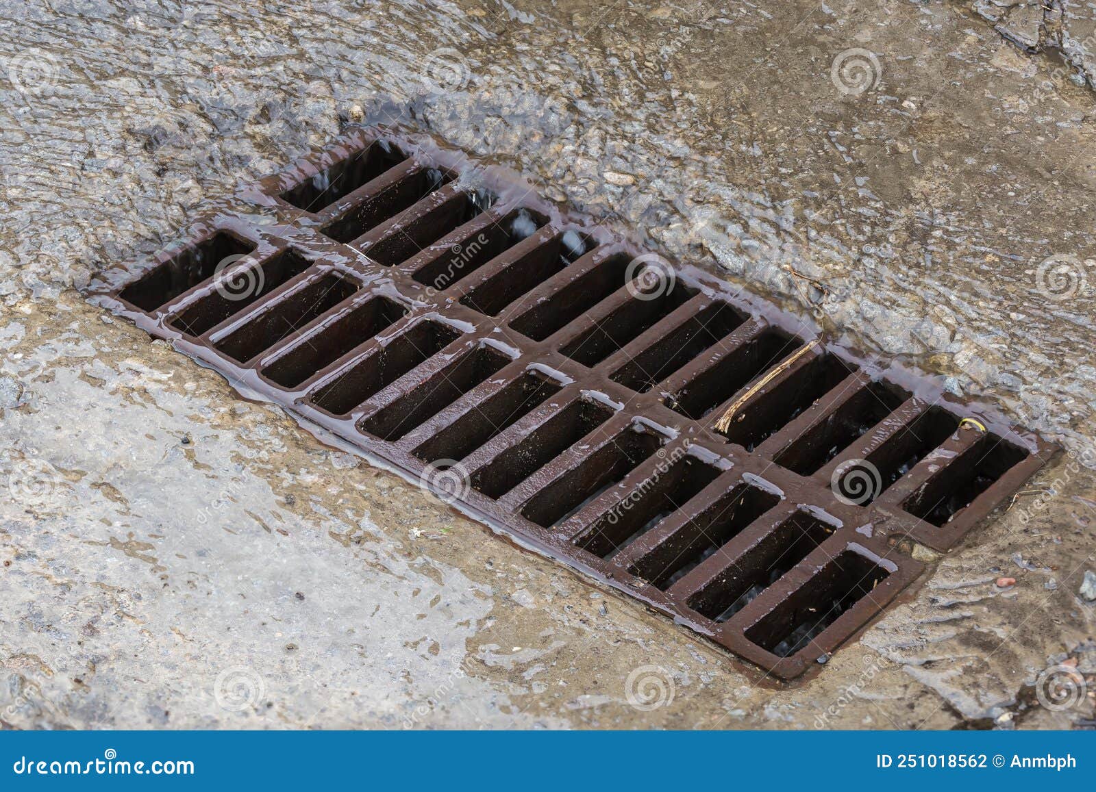 Rainwater Running Down To Storm Drain with Cast Iron Grid Stock Photo ...