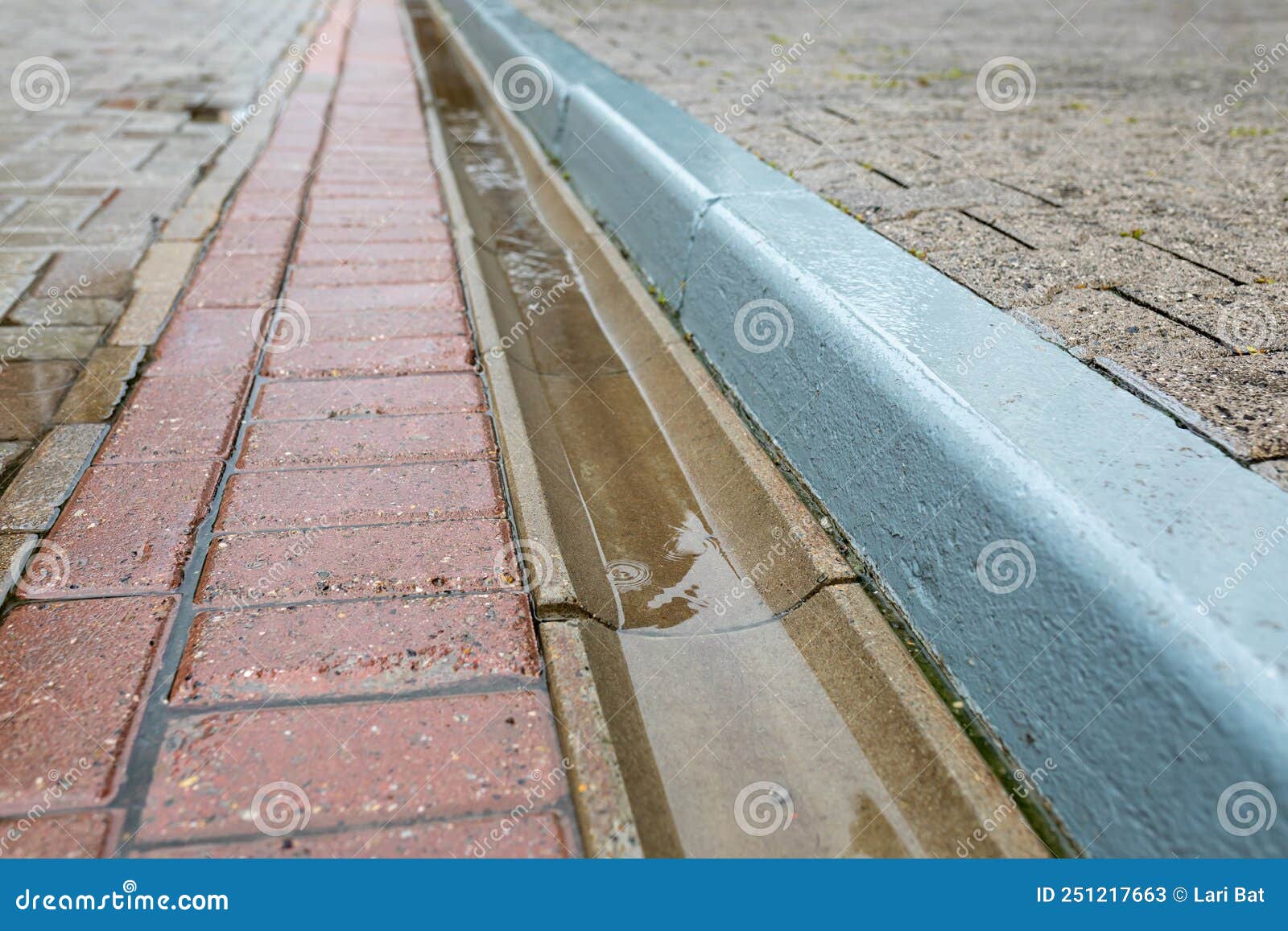 Rainwater Runoff during Rain. Concrete Gutter for Rainwater Drainage ...