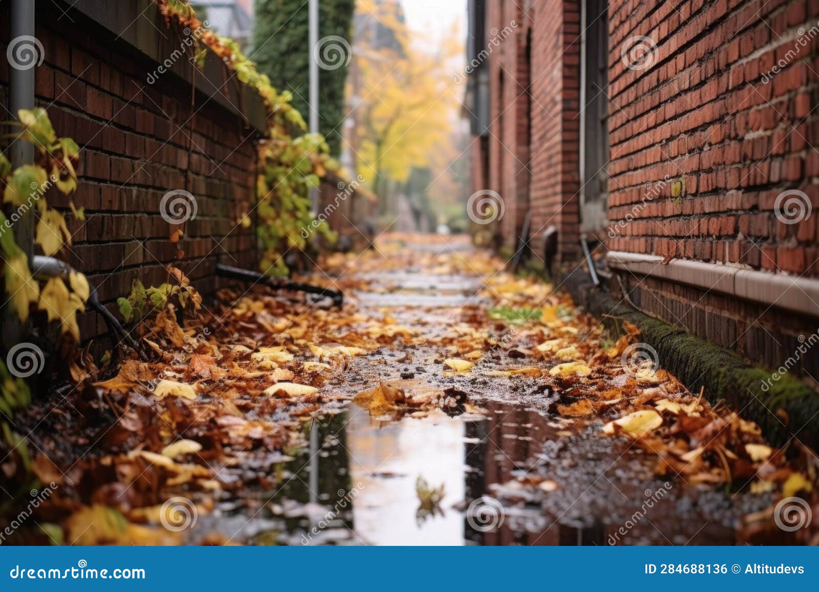 Rainwater Spilling from a Gutter Onto a Brick Pathway Stock ...