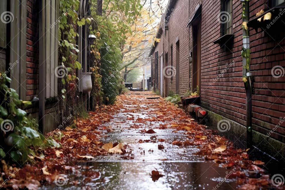 Rainwater Spilling from a Gutter Onto a Brick Pathway Stock ...