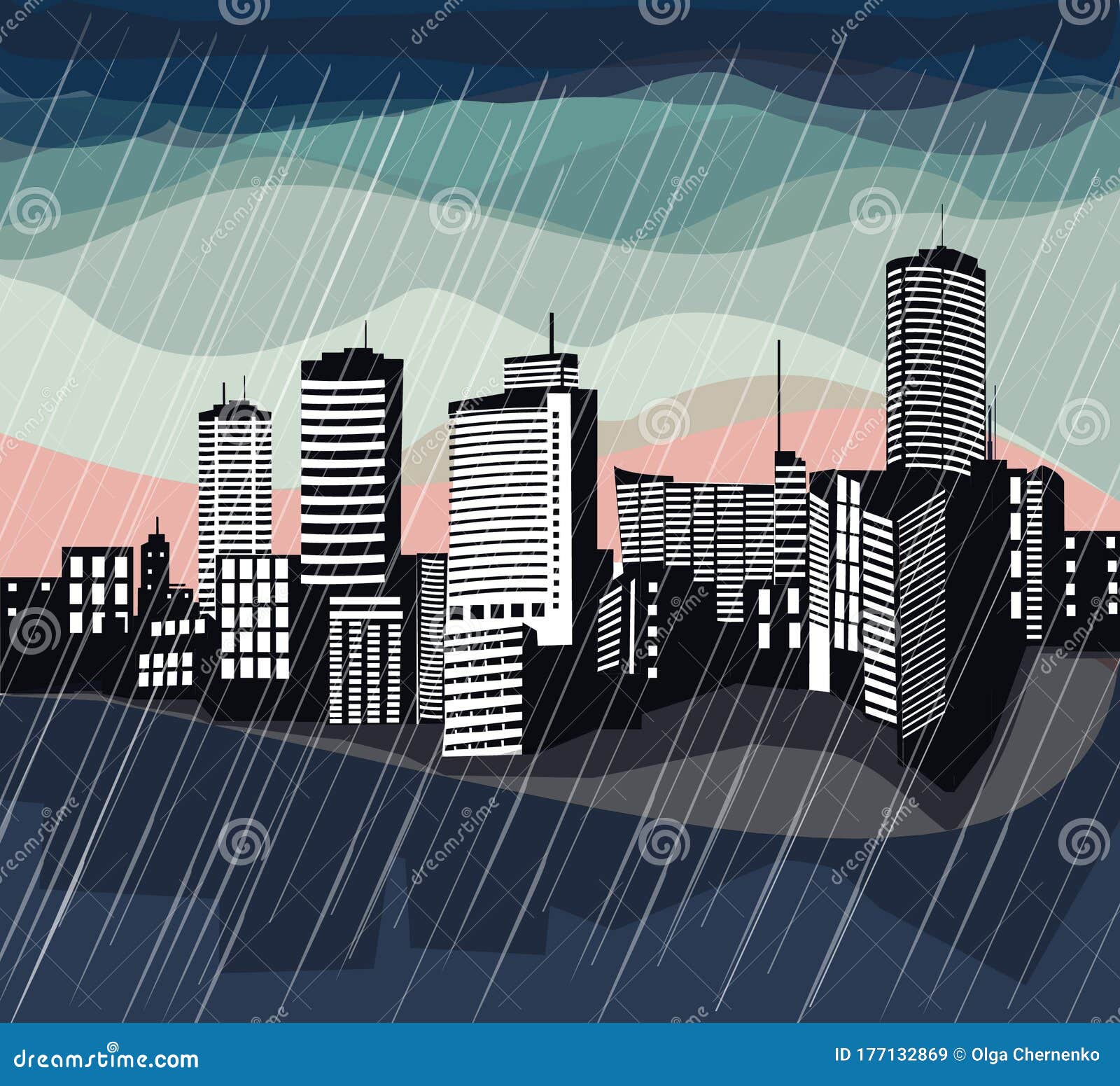 Rainy City Landscape Illustration Stock Illustration - Illustration of ...