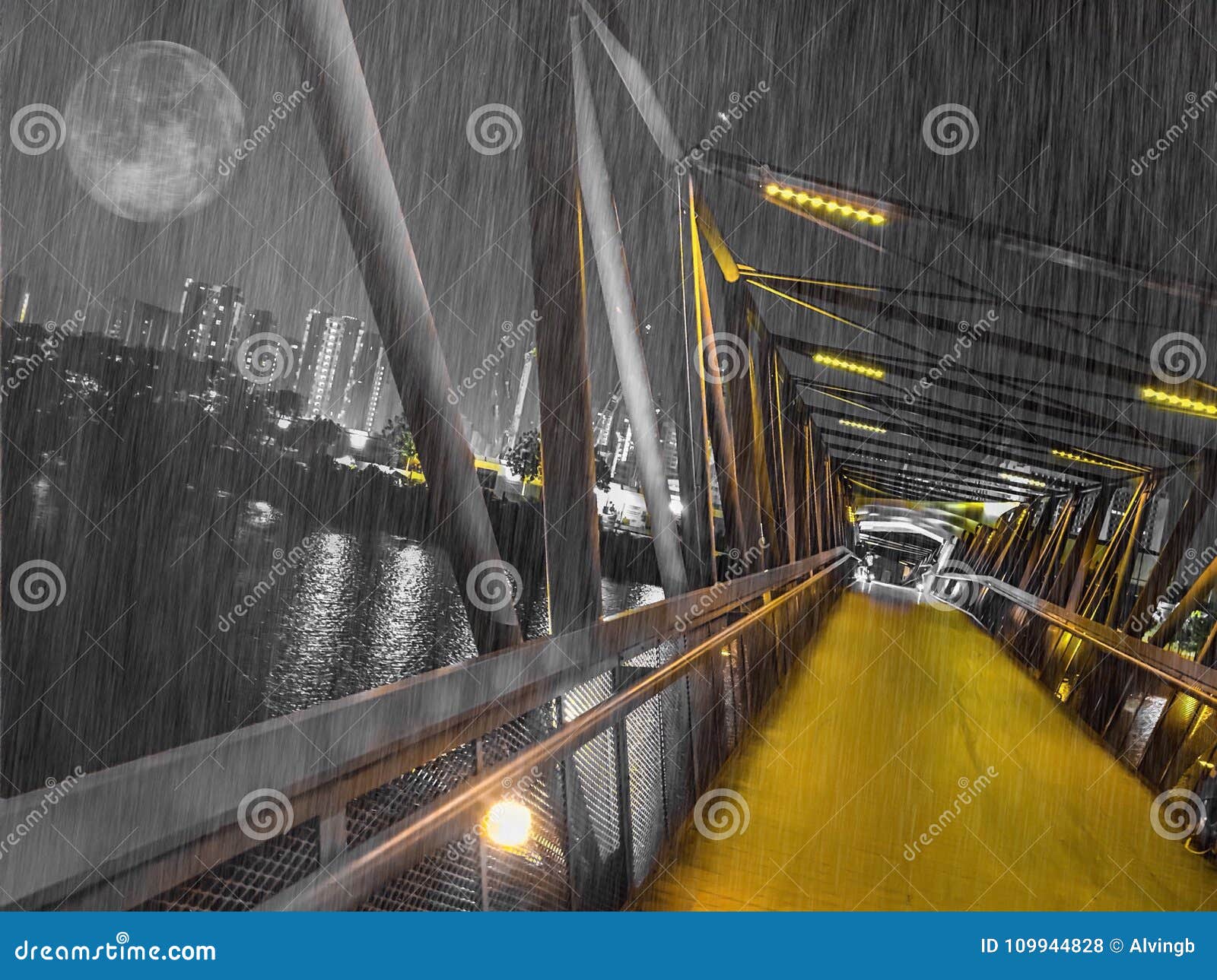 Rainy and Cold Night on a Bridge Across the River Stock Photo - Image ...