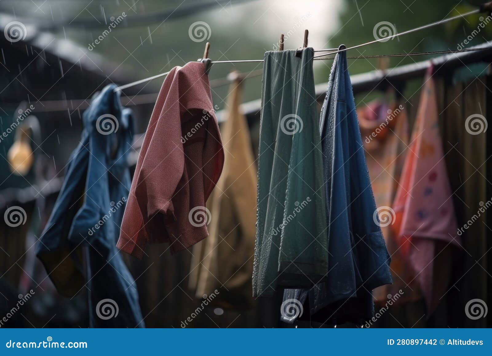 Rainy Day, with Clothes Hanging Motionless on Line and Raindrops ...