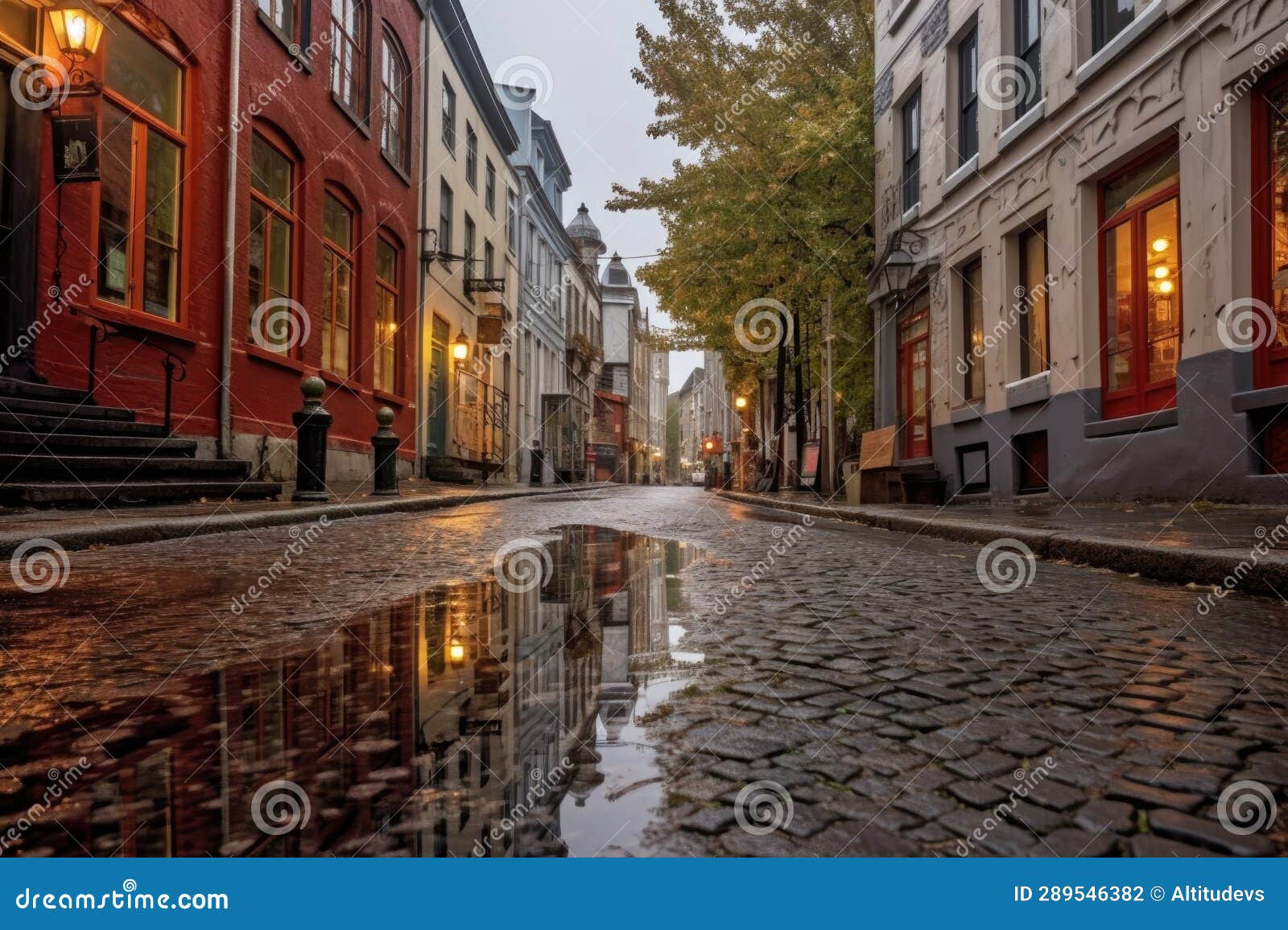 Rainy Day on Cobblestone Street, Puddle Reflections Stock Photo - Image ...