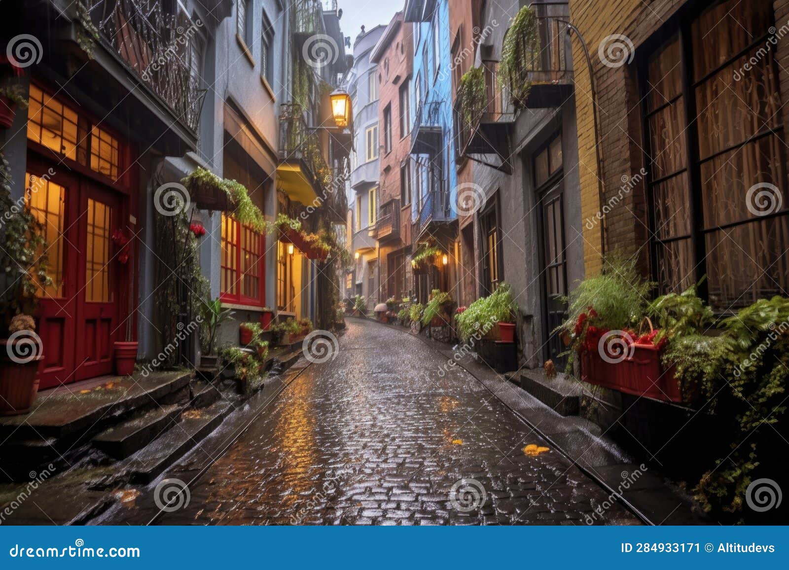 Rainy Day on a Narrow Cobblestone Alley Stock Image - Image of ...