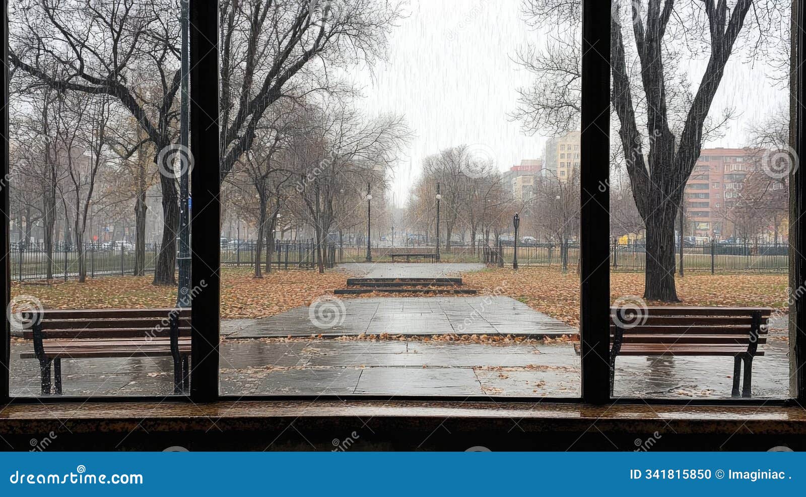 Rainy Day View through Window with Two Benches Stock Illustration ...