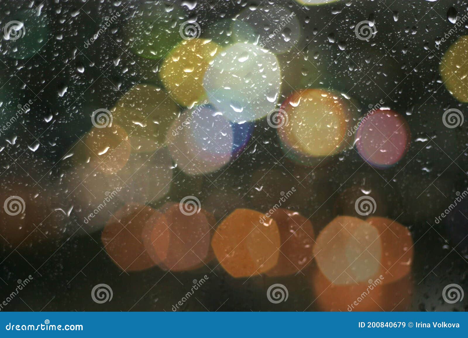 Rainy Drops Water on Window Evening Blurred Blue Yellow Light ...