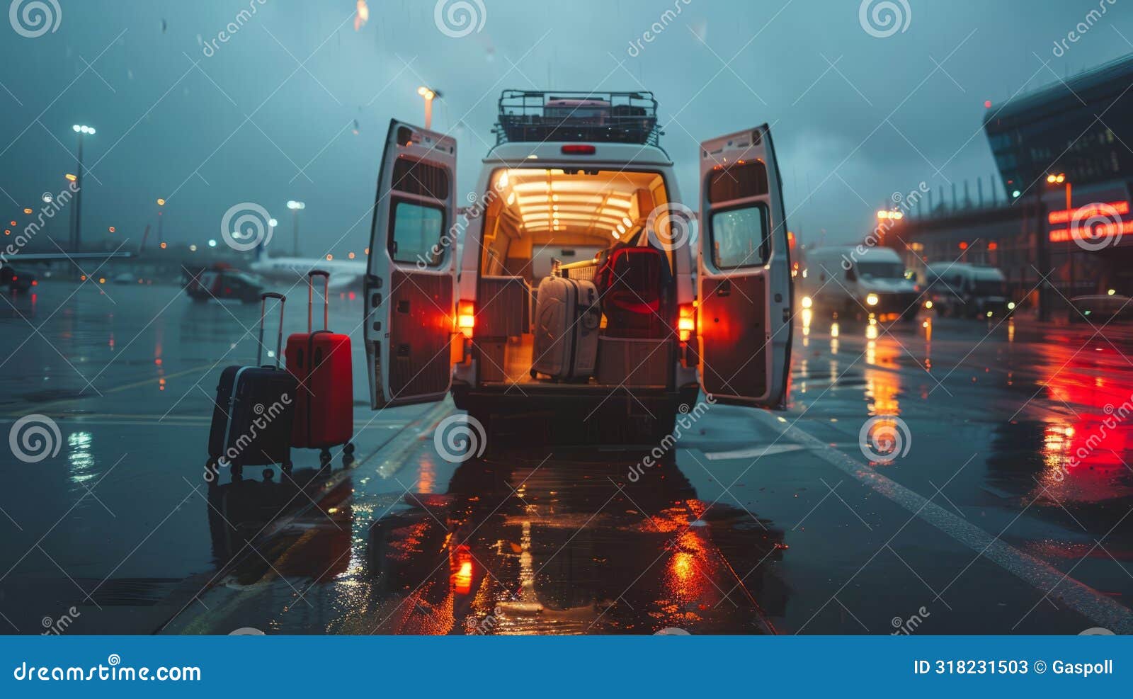 Rainy Dusk at Airport with Van Doors Open and Luggage Ready Stock ...