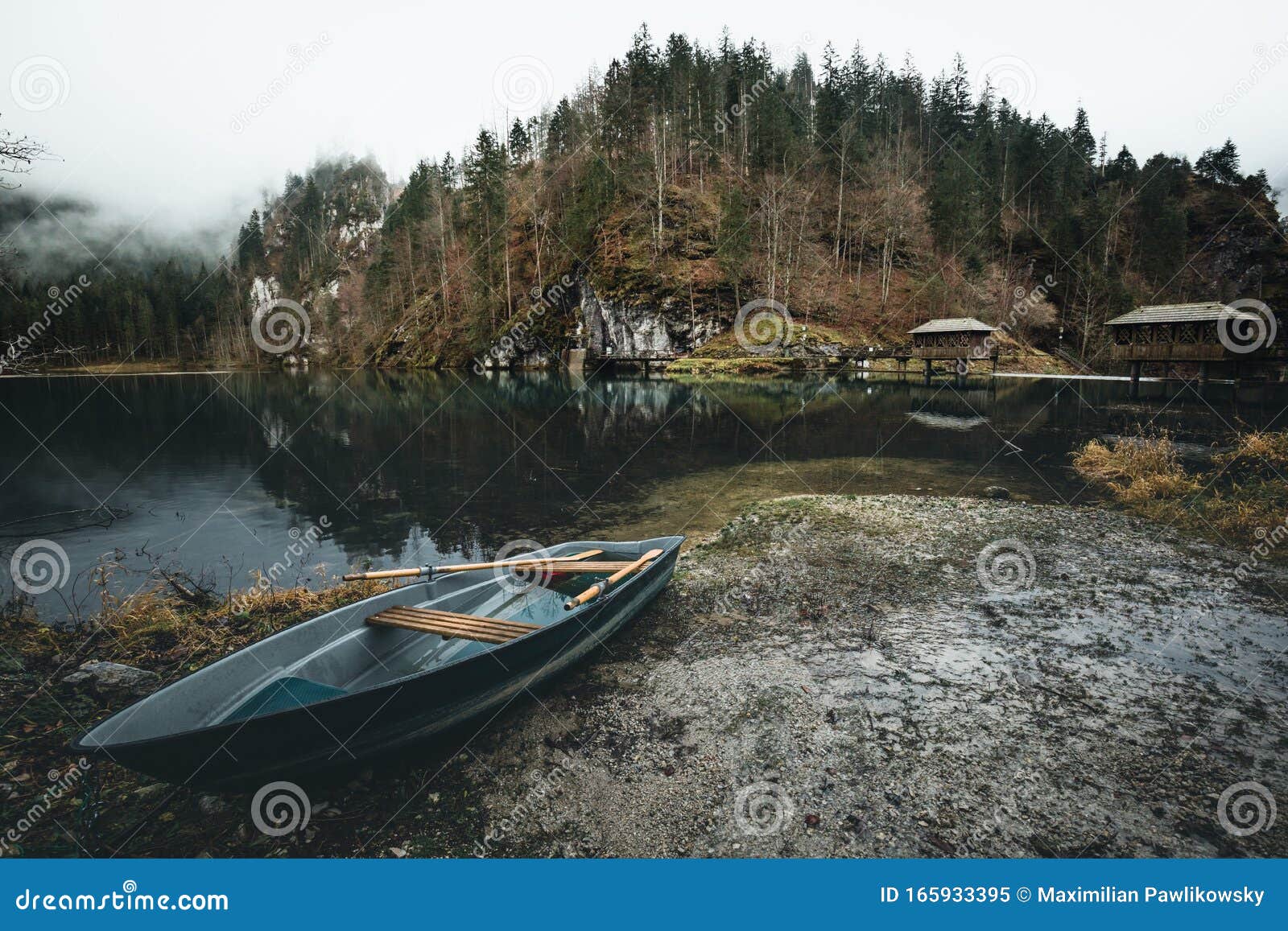Rainy Lake Landscape with Boat and Reflection of the Forest Stock Image ...