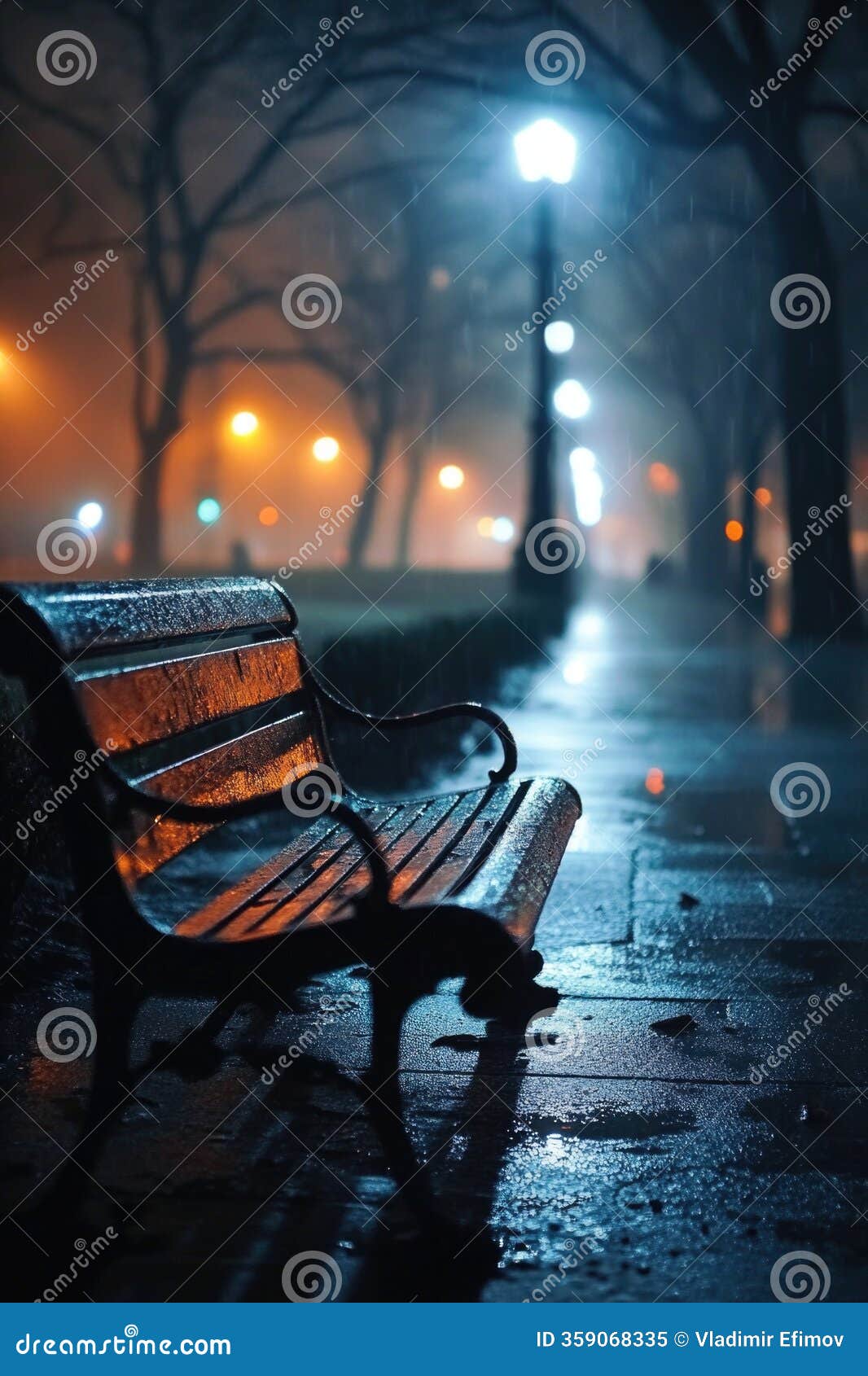 Rainy Night Bench stock image. Image of damp, pavement - 359068335