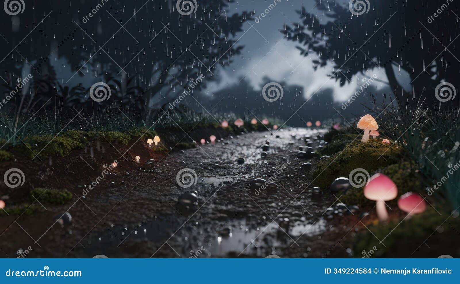 Rainy Night Forest Path with Glowing Pink Mushrooms Stock Illustration ...