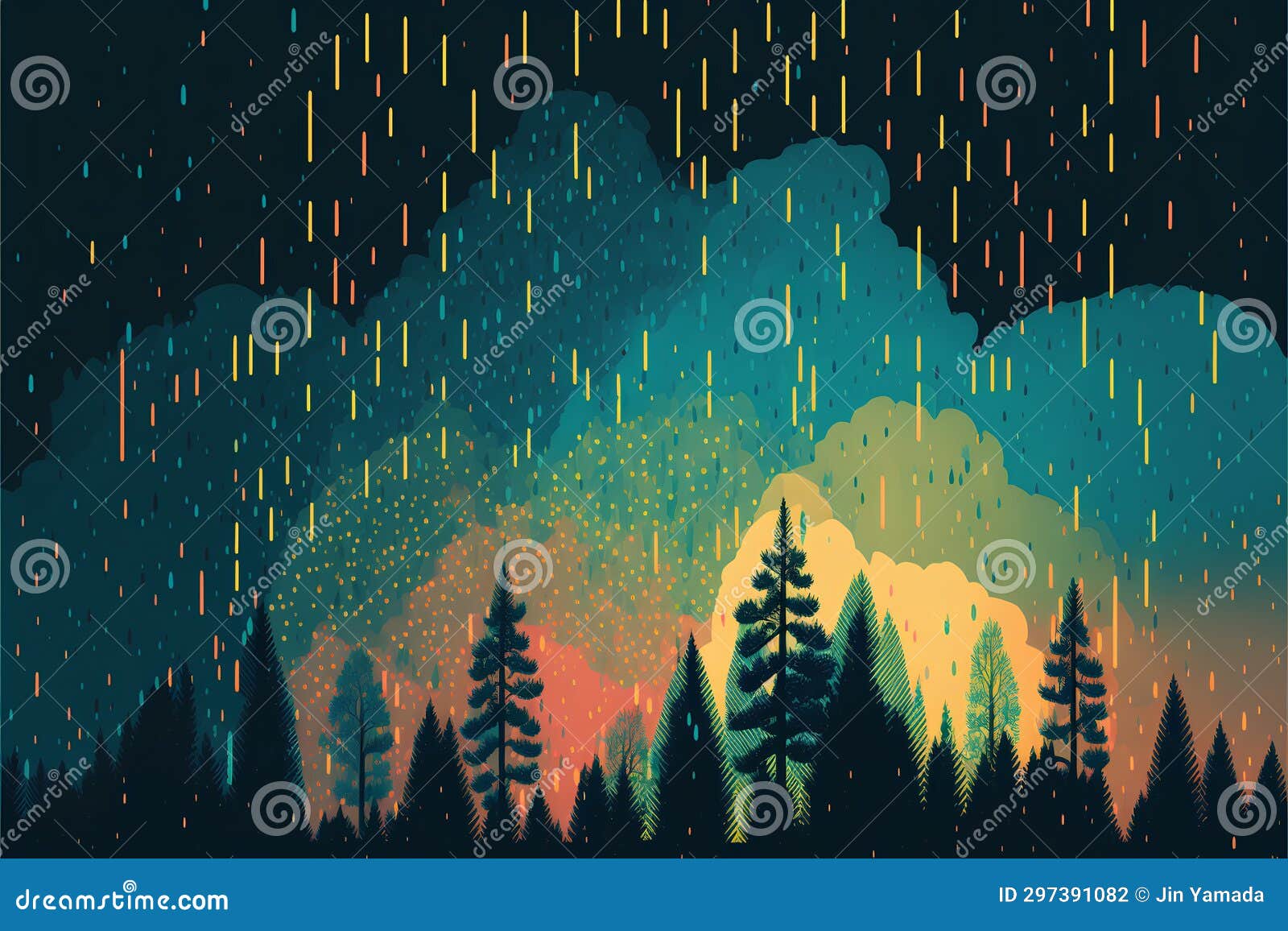 Rainy Night Landscape with Pine Trees and Mountains. Vector ...