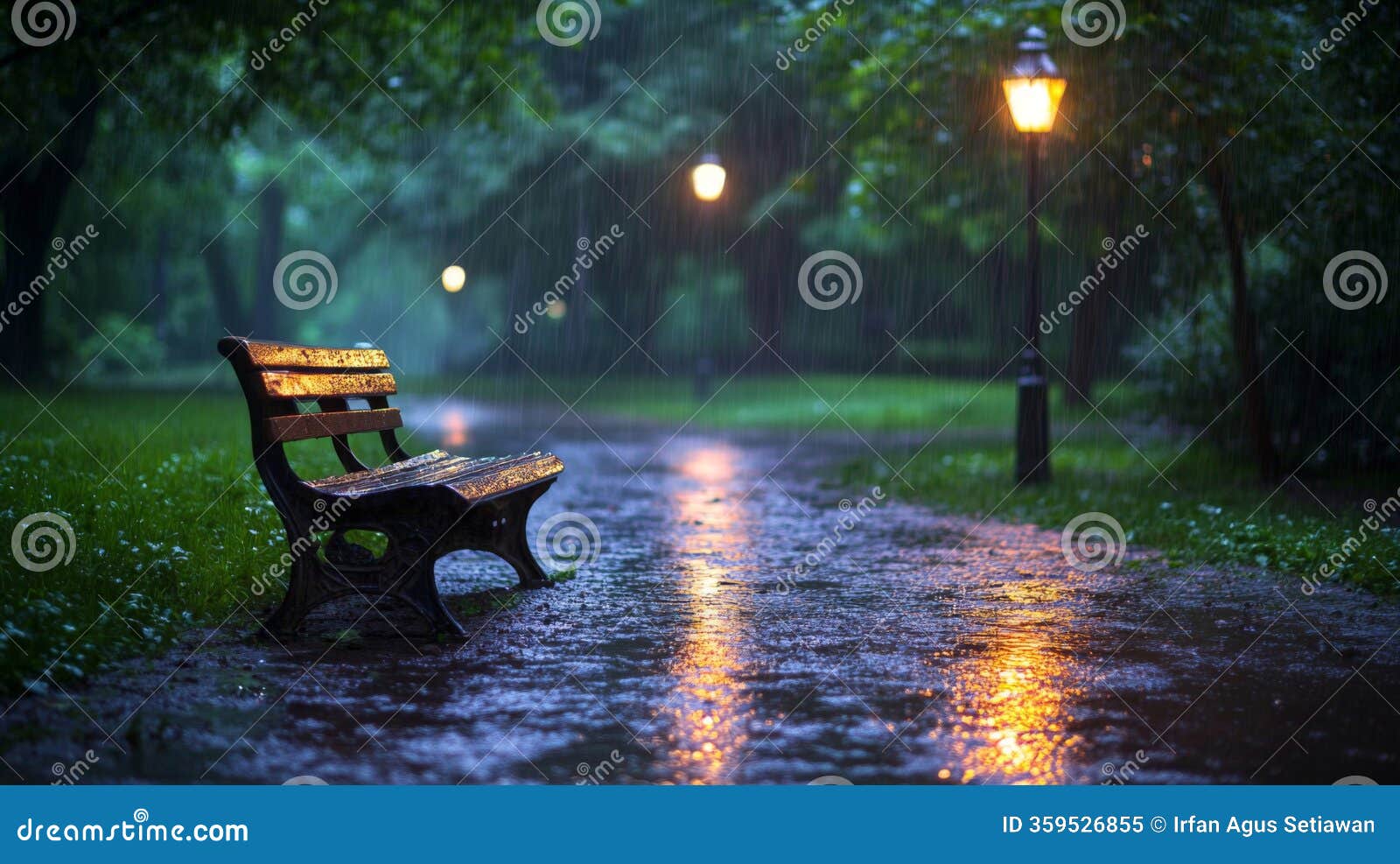Rainy Night Park Scene with Empty Bench Stock Illustration ...