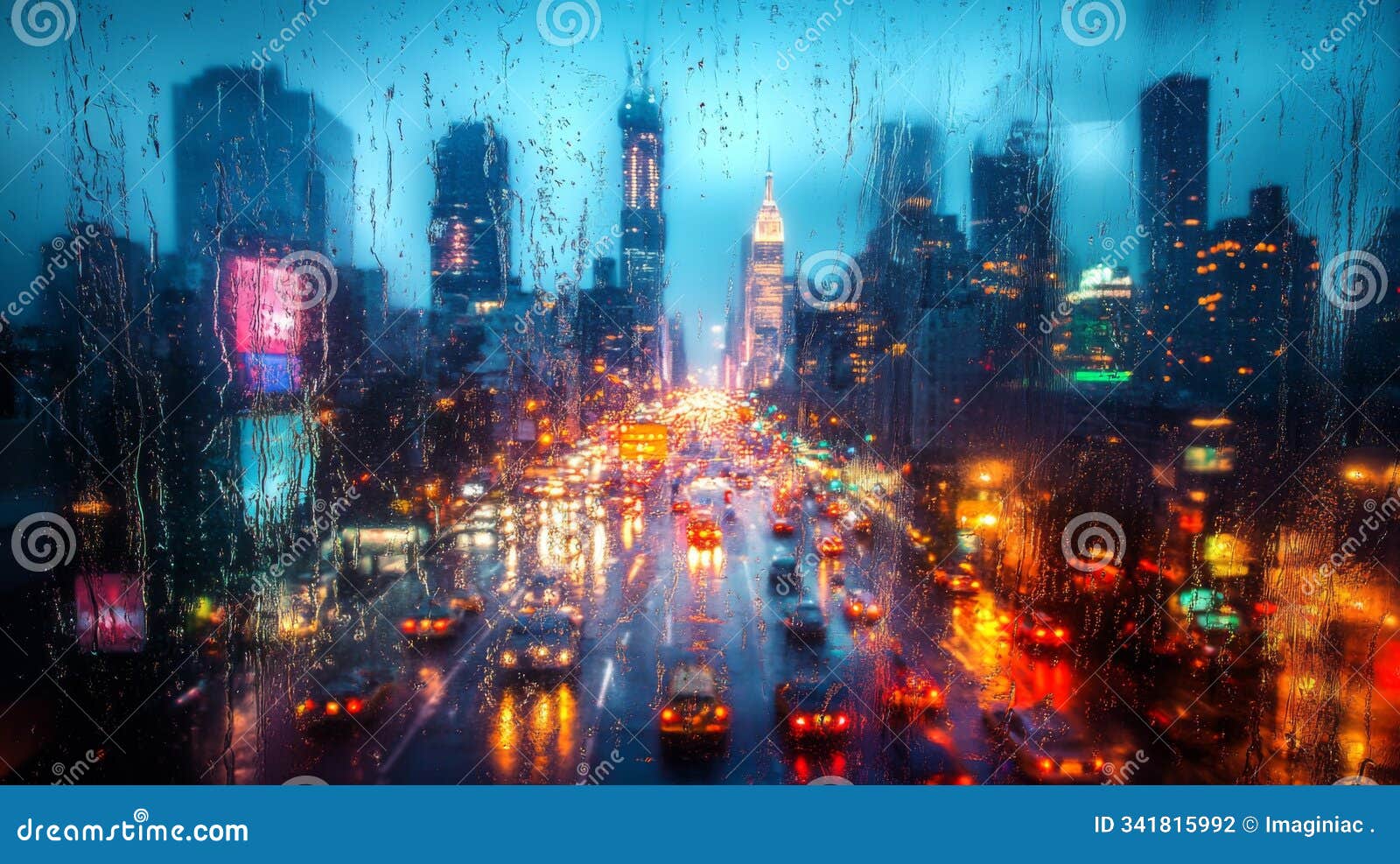 Rainy Night View of a City Skyline through a Window Stock Illustration ...