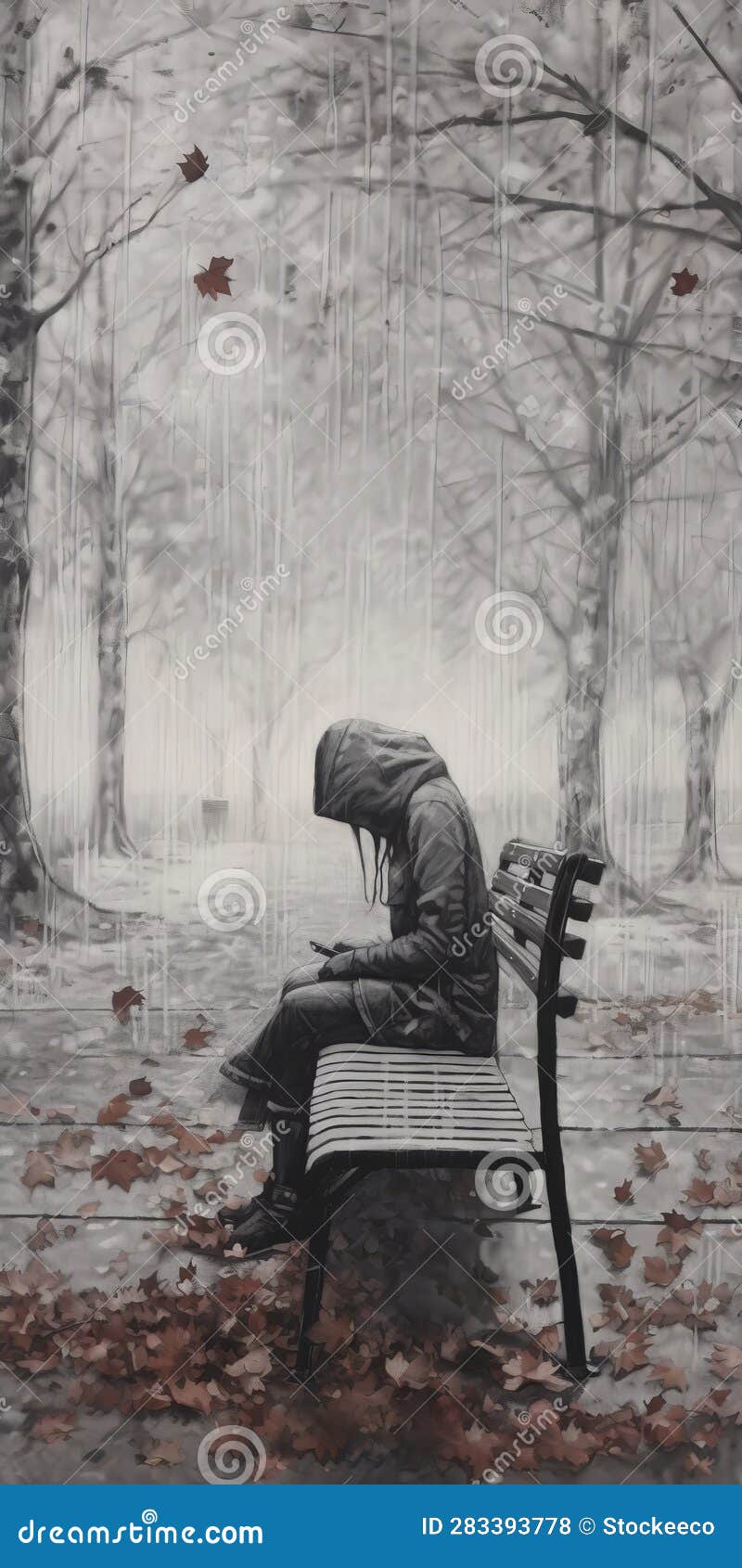 Rainy Park Bench: a Hyperrealistic Mural of Trauma Disorders Stock ...