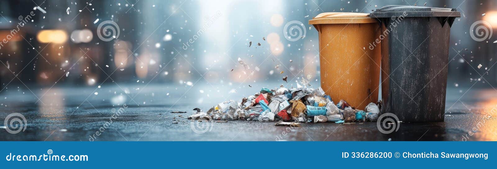 A Rainy Scene Featuring Overflowing Trash Bins, Highlighting Urban ...