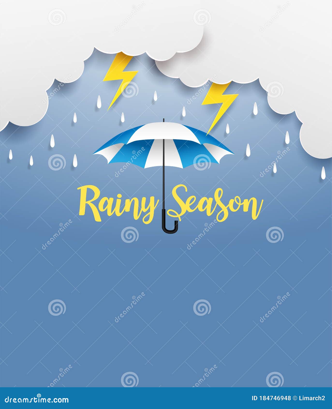 Rainy Season. Design with Raining Drops, Umbrella and Clouds on Blue ...