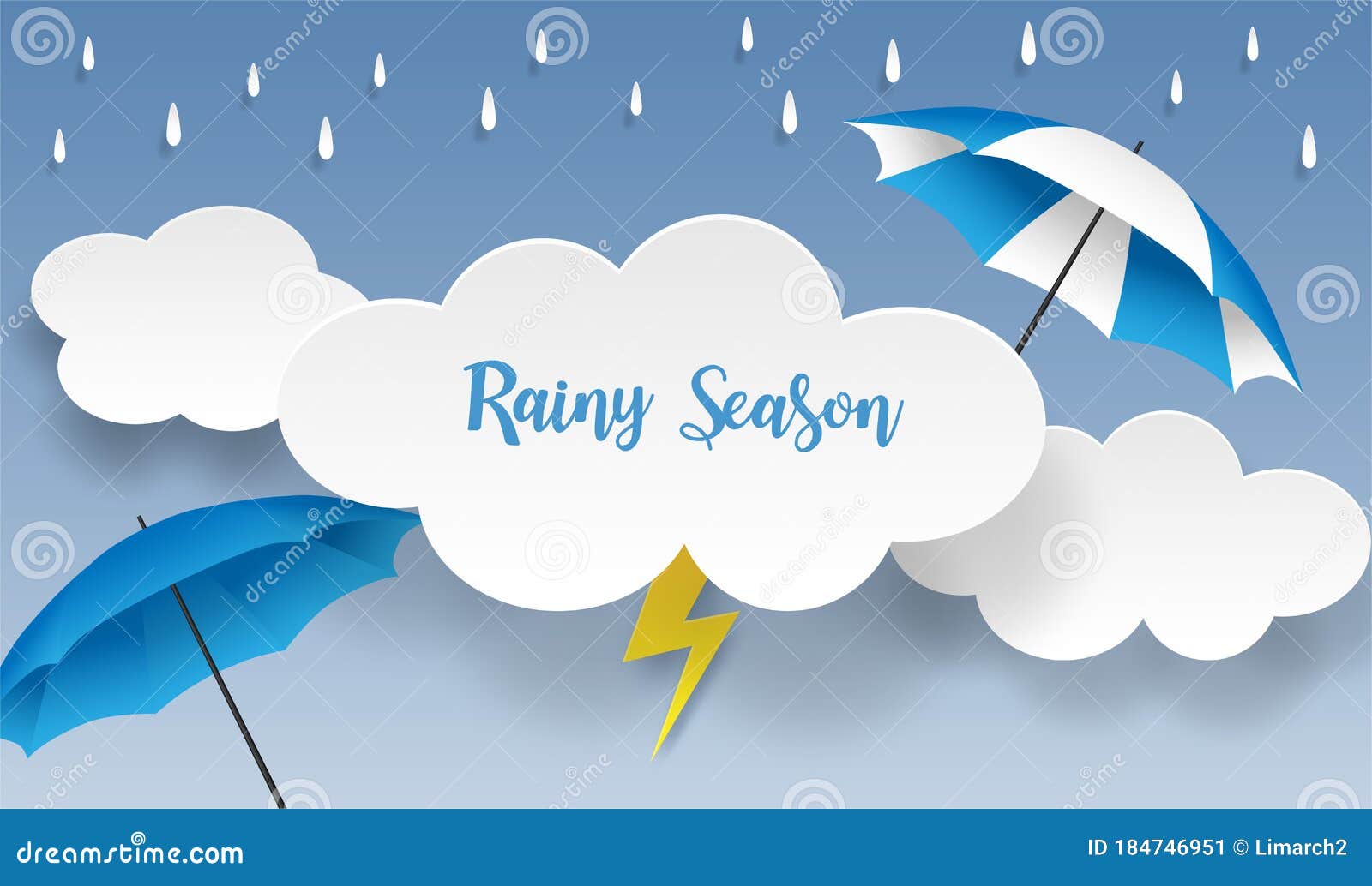 Rainy Season. Design with Raining Drops, Umbrella and Clouds on Blue ...
