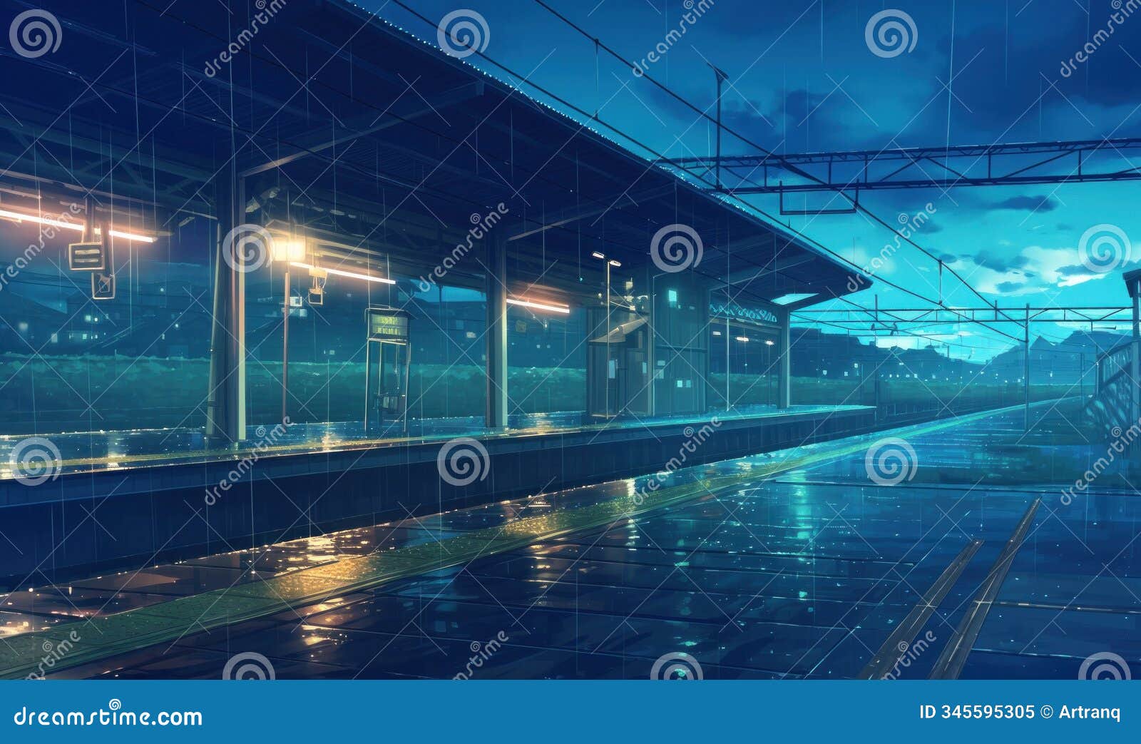 Rainy Train Station at Night with Empty Platform Stock Image - Image of ...