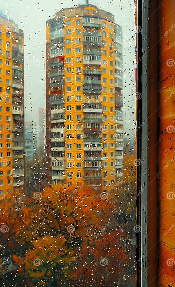 A Rainy View of Tall Buildings through a Window Stock Photo - Image of ...