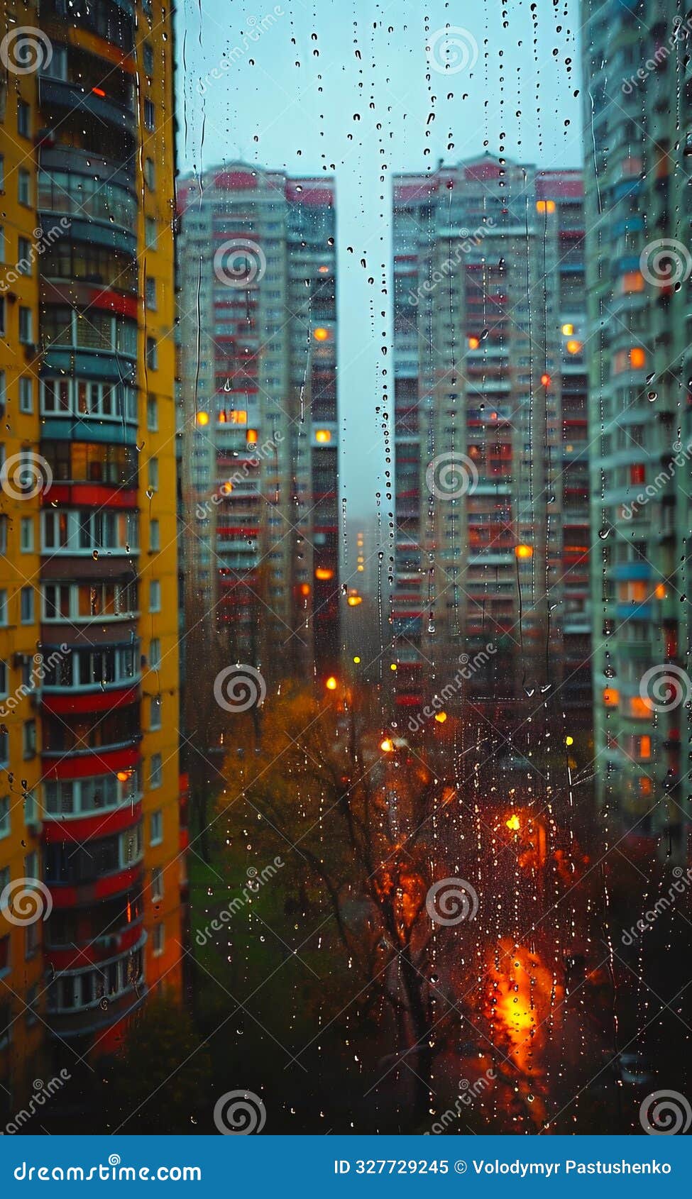 A Rainy View of Tall Buildings through a Window Stock Image - Image of ...