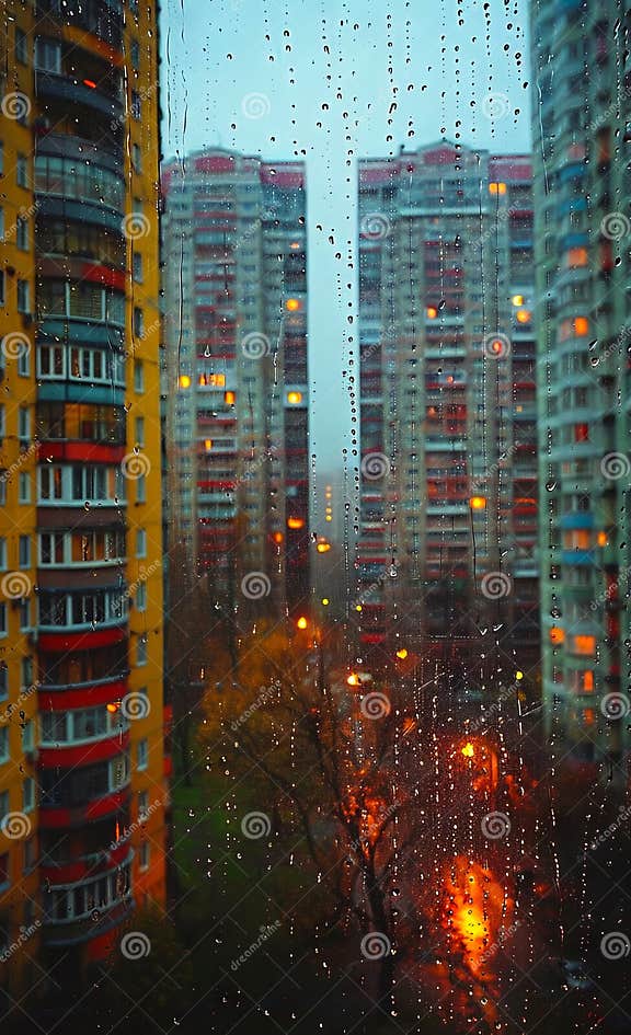 A Rainy View of Tall Buildings through a Window Stock Image - Image of ...