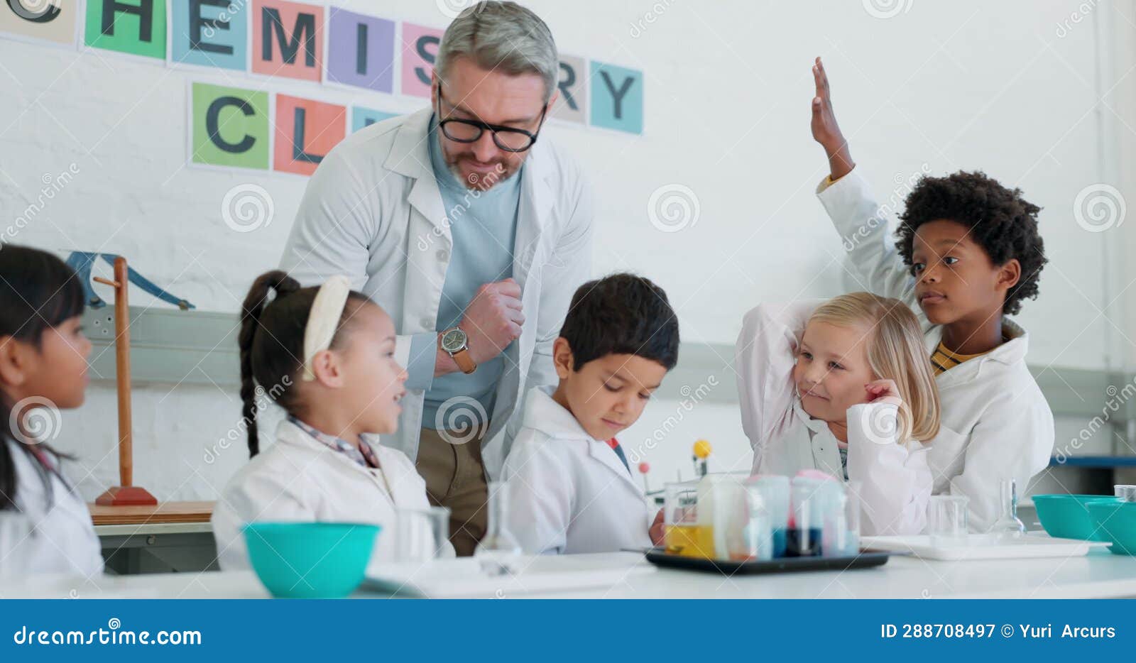 Raise Hands, Science and Teacher with Children for a Project, Test or ...