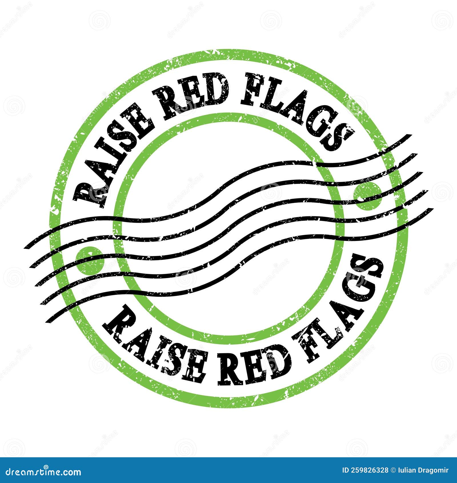 RAISE RED FLAGS, Text on Green-black Grungy Postal Stamp Stock ...