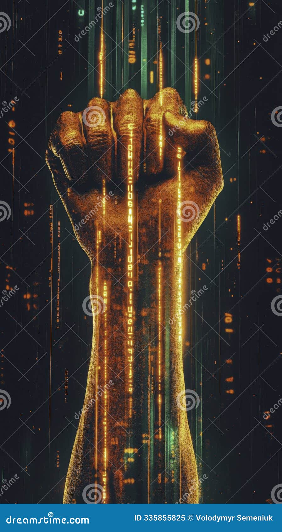 Digital Binary Peace Sign Hand Raised High with Glowing Orange Lights ...