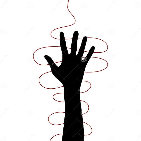 Raised Hand with Trapped in Red Tangled Strings. Gesture, Sign of Help ...