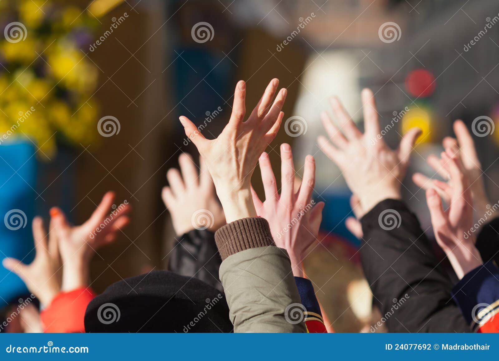 Raised Hands in a Crowd of People Stock Photo - Image of people ...