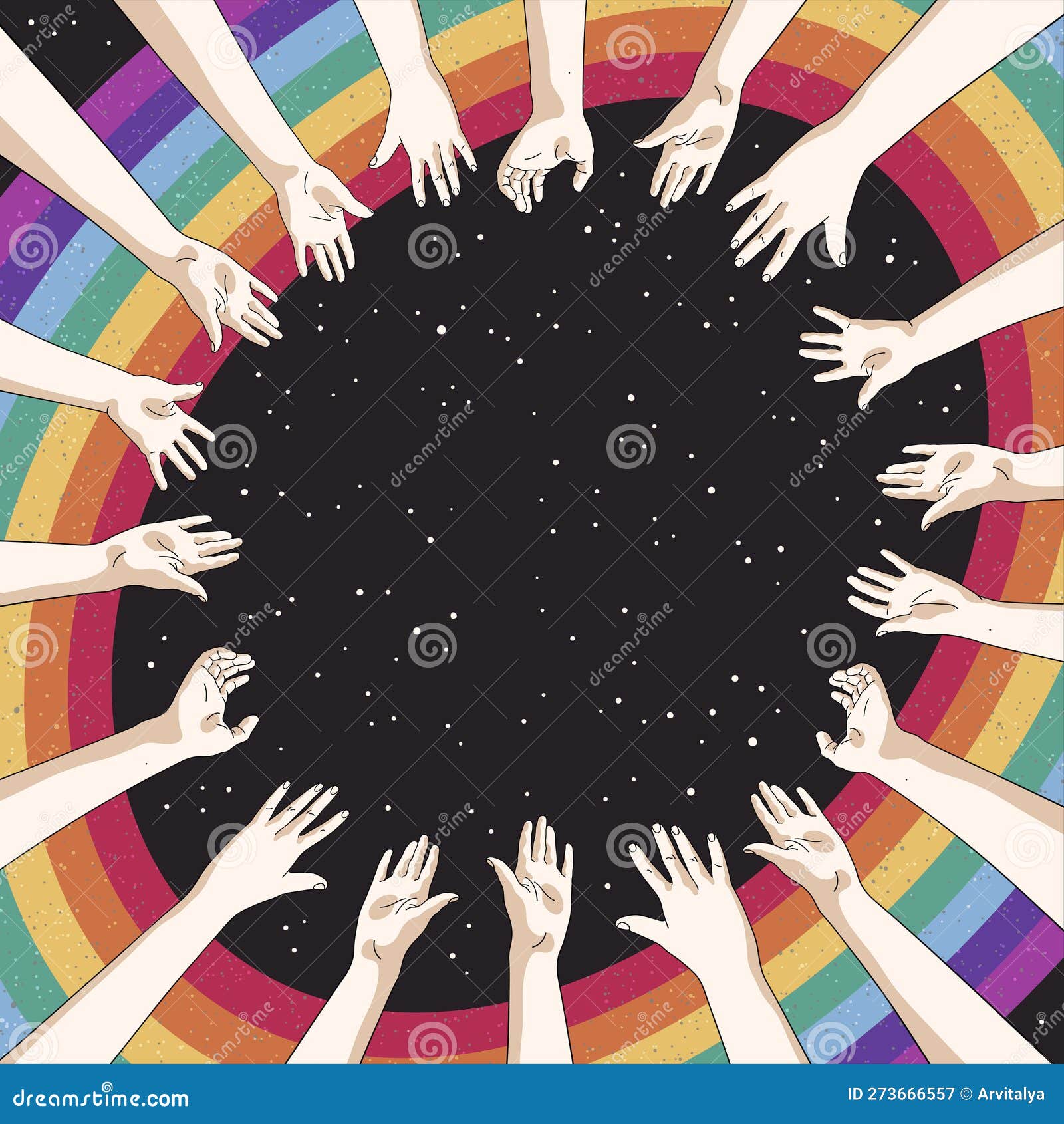 Raised Human Hands. Rainbow In Space. Starry Sky. Romantic LGBT Poster ...
