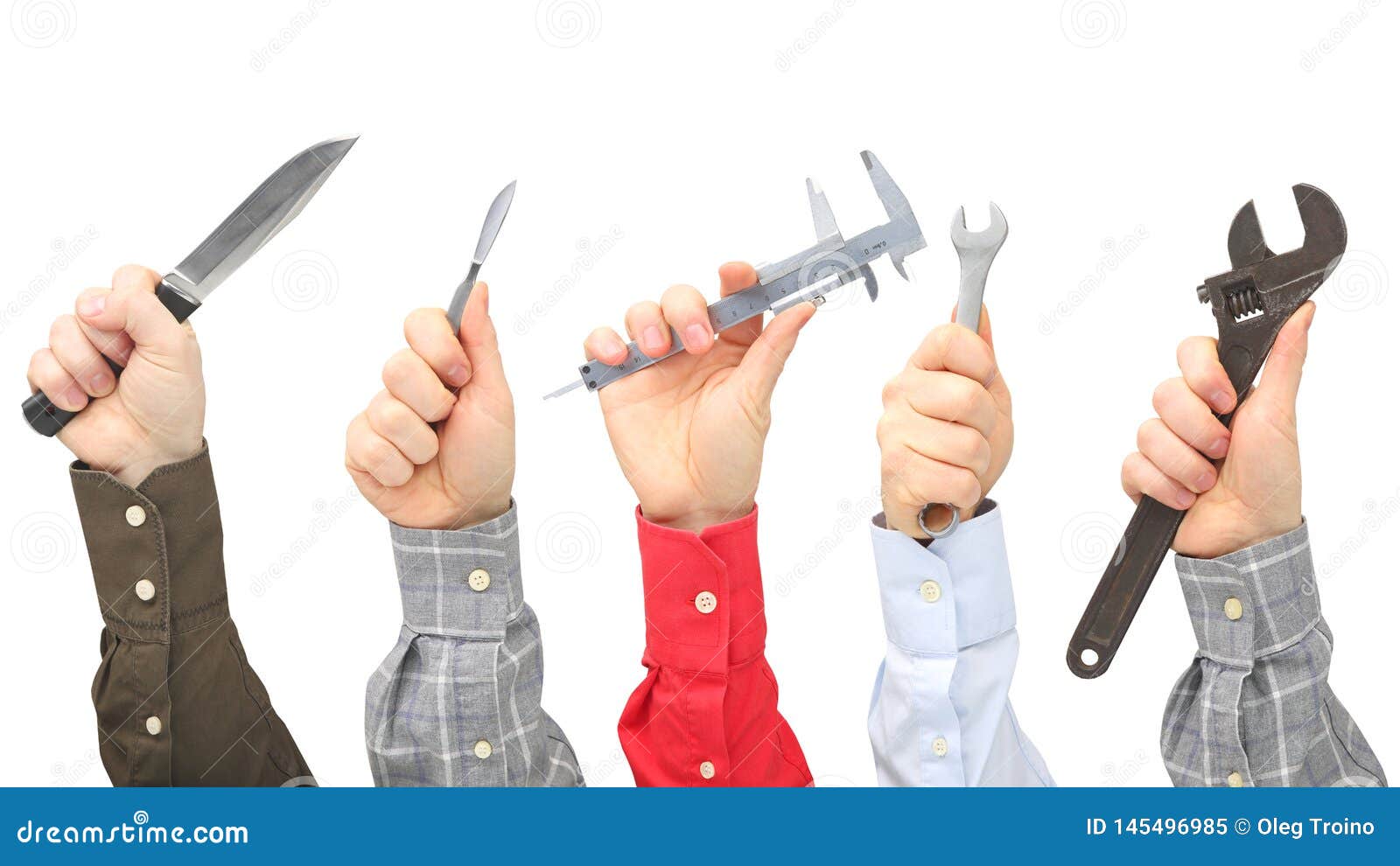 Raised Male Hands With Different Gestures And Objects Of The Profession ...