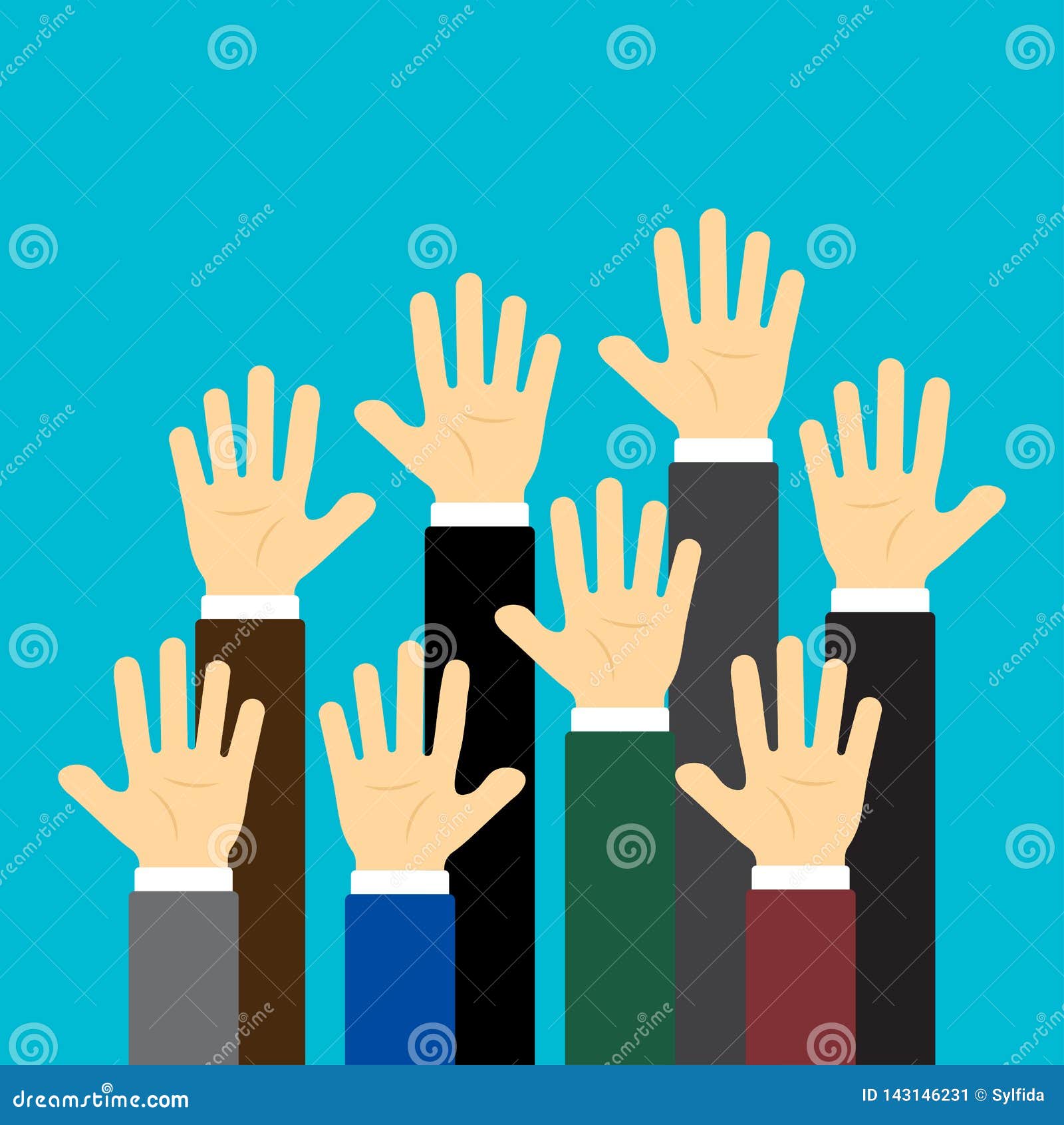 Raised Up Hands on Blue Background. Vector Illustration Stock ...