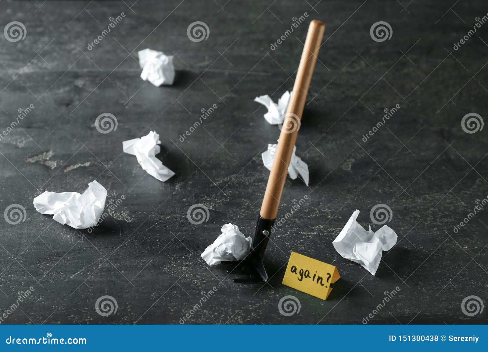 Rake, Crumpled Paper and Card with Text AGAIN on Grey Background ...