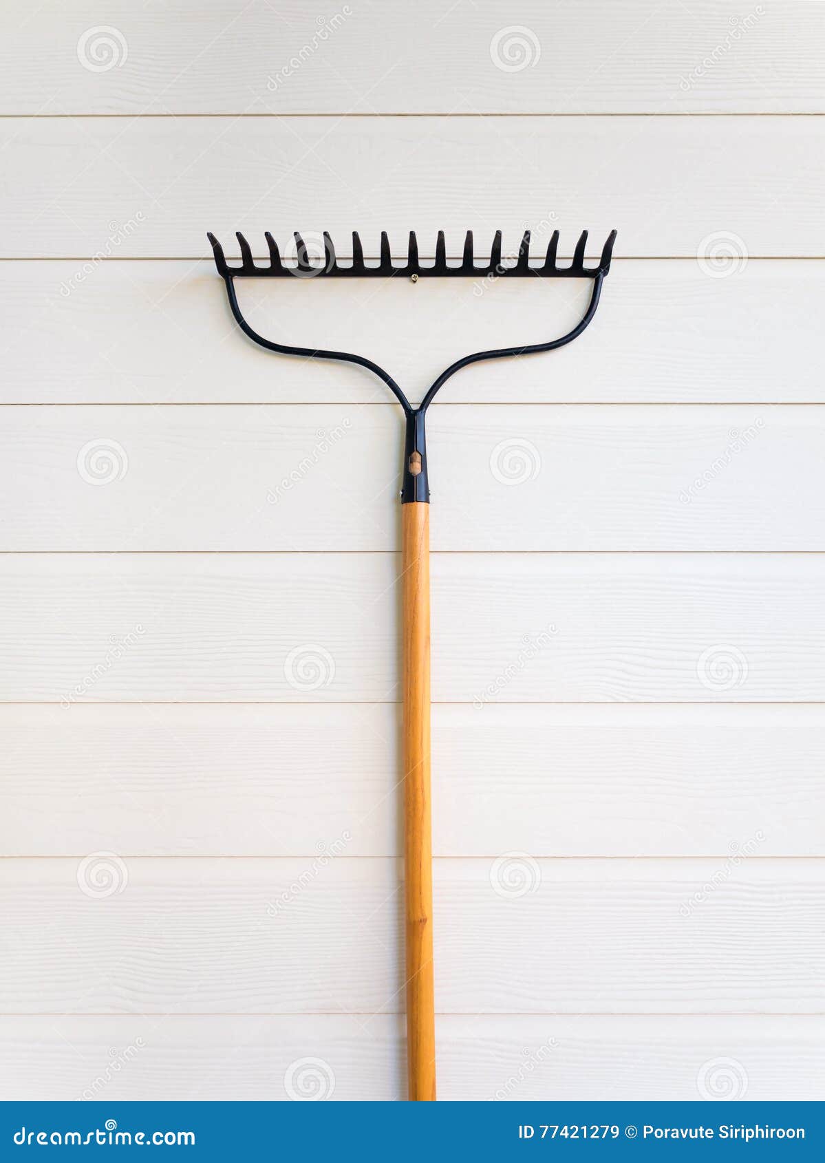 Rake Hanging on White Wooden Texture Wall Stock Image - Image of lean ...