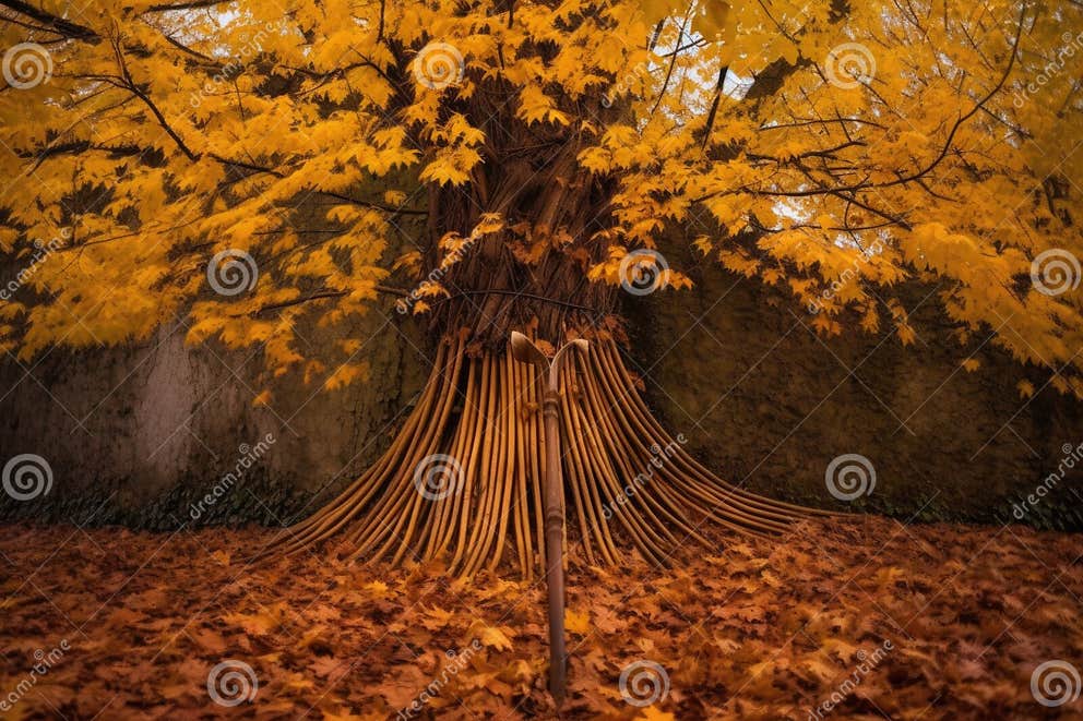 Rake Leaning Against a Tree Surrounded by Leaves Stock Illustration ...
