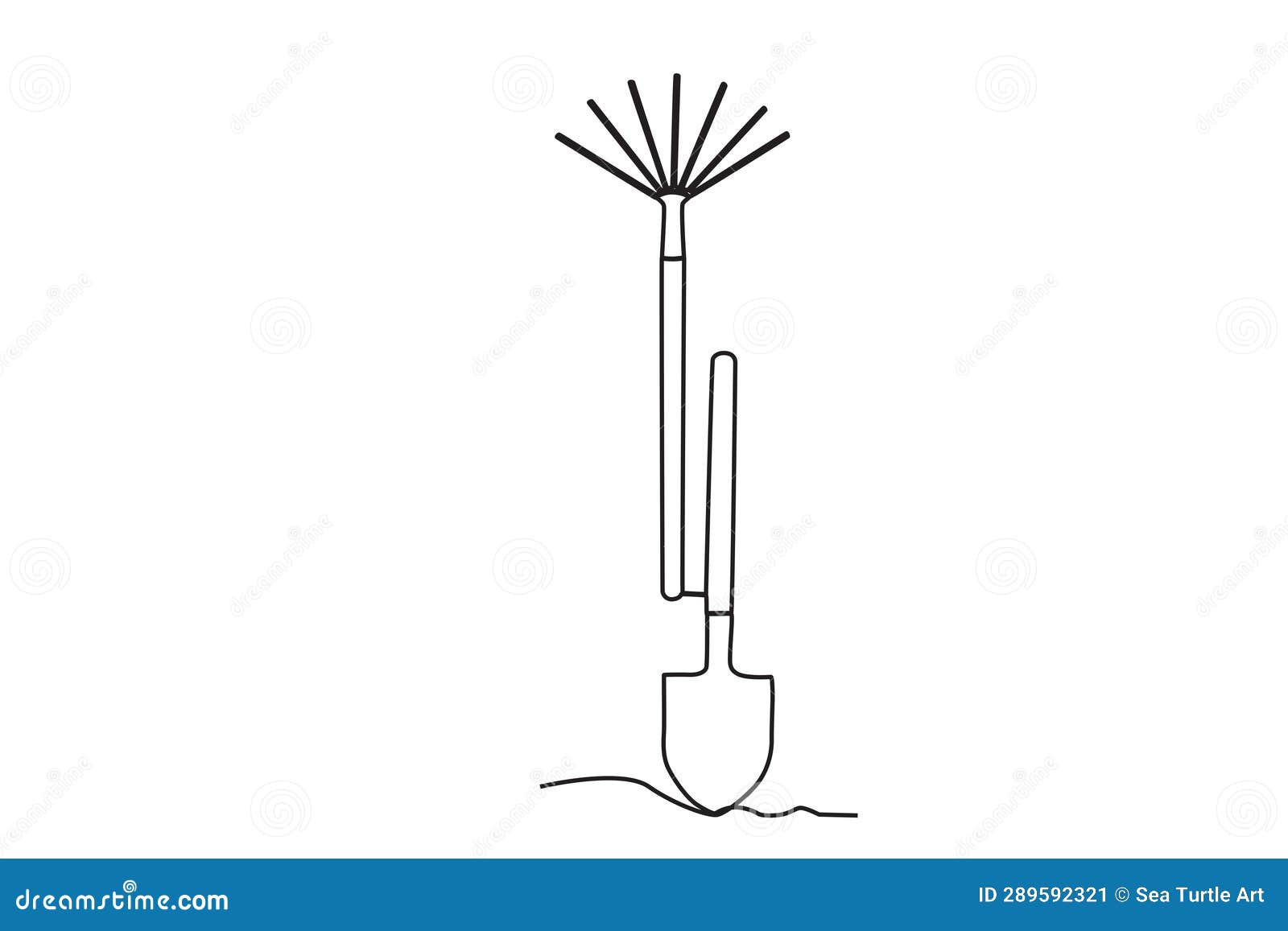 A rake and a shovel stock illustration. Illustration of work - 289592321